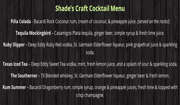Menu at Shade Rooftop Patio Bar, San Marcos