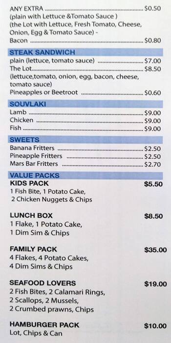 Menu at West Essendon Fish’n' Chippery restaurant, Aberfeldie