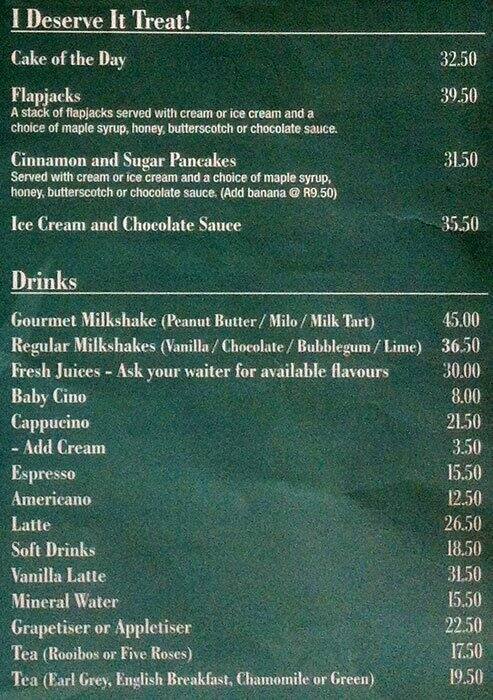 Menu at Pebbles restaurant, Johannesburg