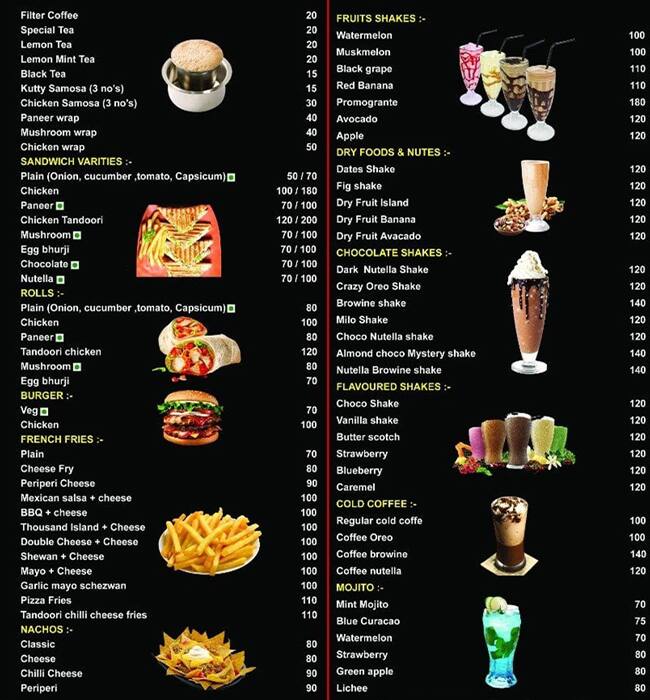 Menu of XXL Snacks, Velachery, Chennai