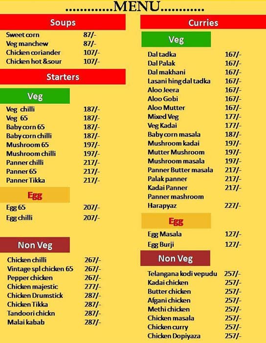 Menu of Vintage Kitchen, Kompally, Hyderabad