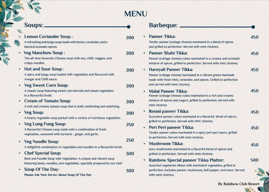 Menu of Rainbow Club Resort, Magdalla, Surat