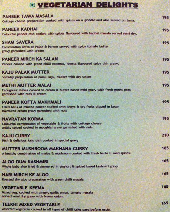Menu at Equinox, Bhopal