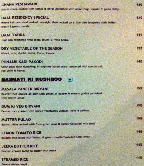 Menu at Equinox, Bhopal