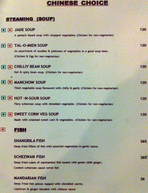 Menu at Equinox, Bhopal