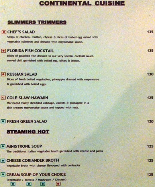 Menu at Equinox, Bhopal