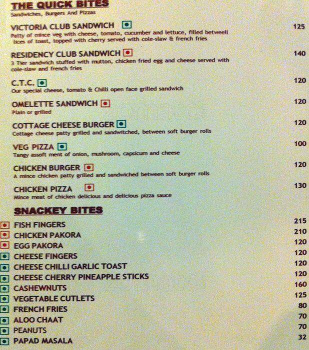 Menu at Equinox, Bhopal