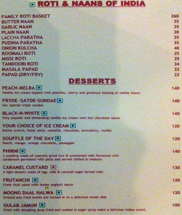 Menu at Equinox, Bhopal