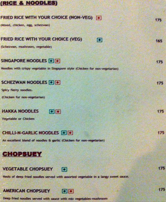 Menu at Equinox, Bhopal