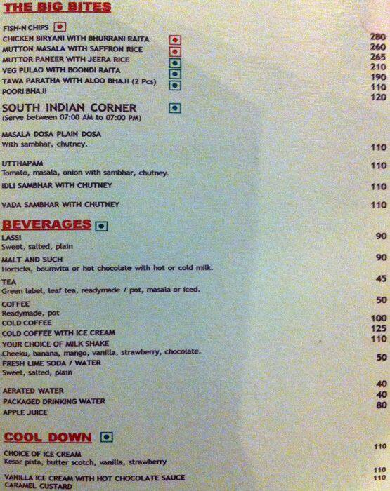 Menu at Equinox, Bhopal