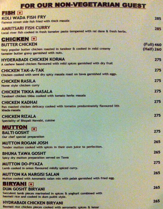 Menu at Equinox, Bhopal