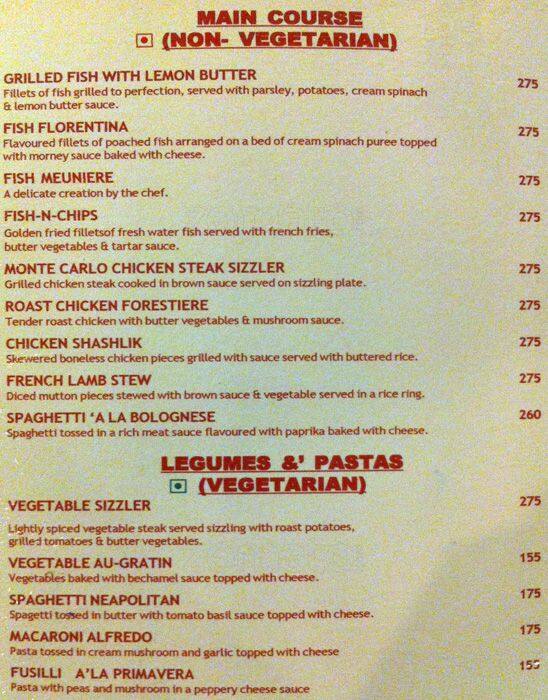 Menu at Equinox, Bhopal