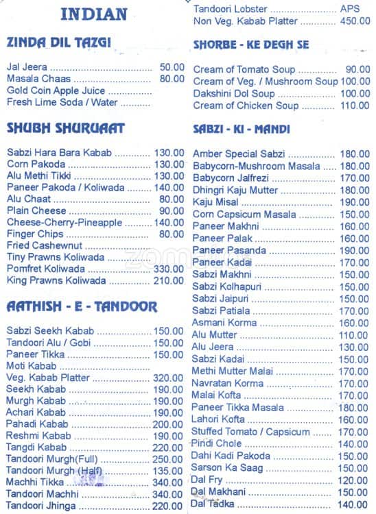 Amber Menu, Menu for Amber, Near Andheri West Station, Mumbai - Zomato