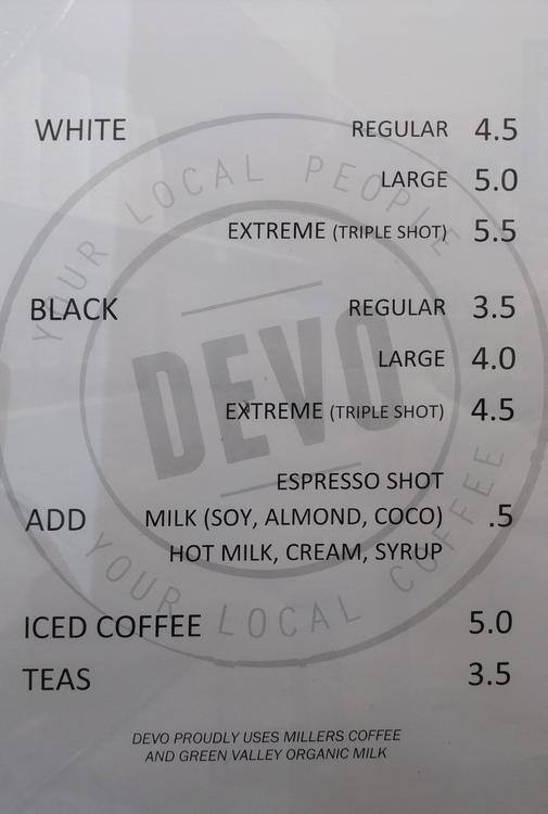 Carta del café Devo Coffee, Auckland