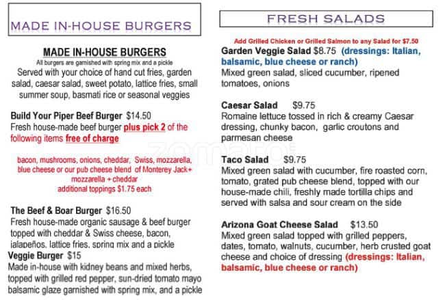 Menu at Piper's Pub and Grill, Toronto