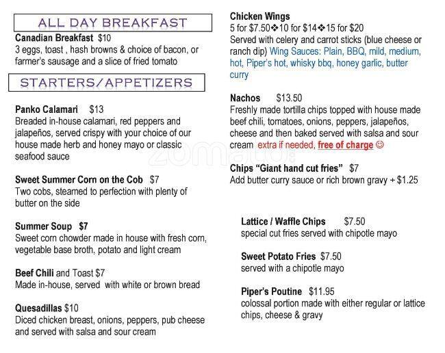 Menu au Piper's Pub and Grill, Toronto
