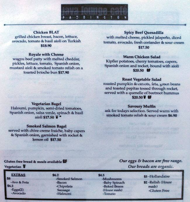 Carta del restaurante The Java Lounge Paddington, Paddington