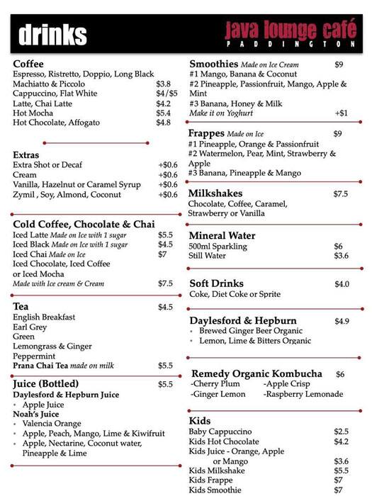 Carta del restaurante The Java Lounge Paddington, Paddington