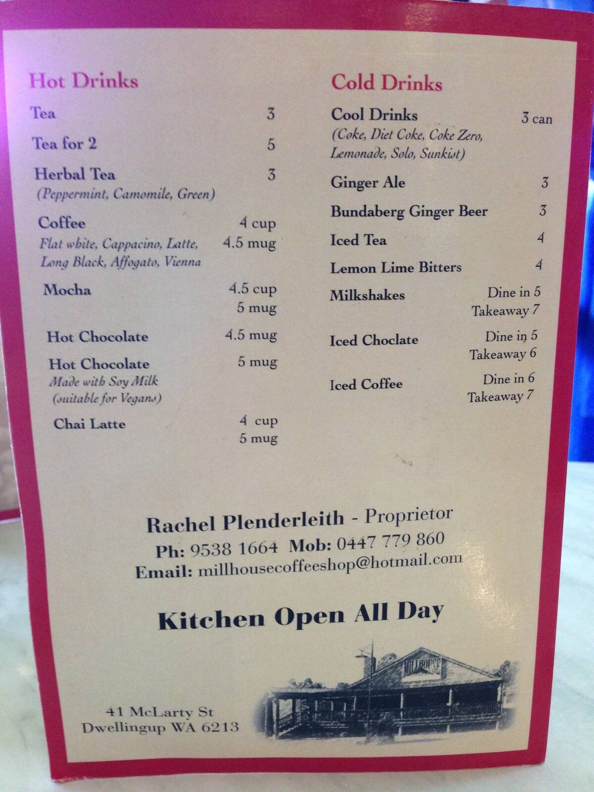 Menu at Millhouse Restaurant and Coffee Shop, Dwellingup