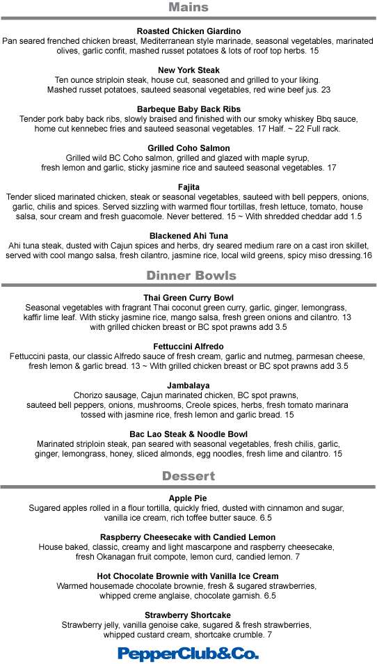 Menu at The Pepper Club, Penticton