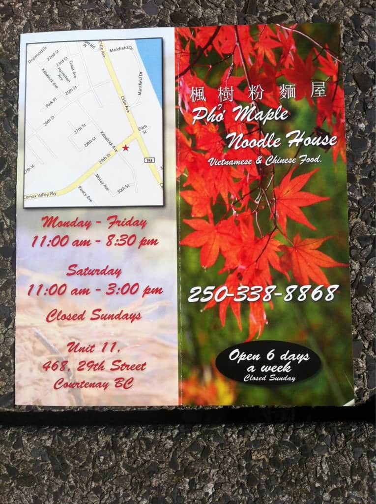 Menu at Pho Maple Noodle restaurant, Courtenay