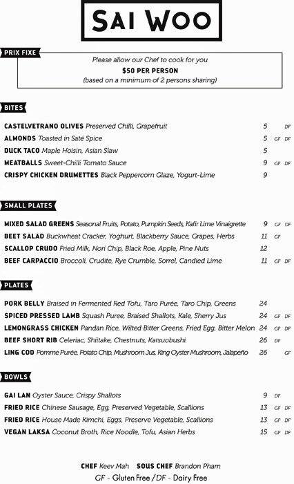 Menu at Sai Woo restaurant, Vancouver