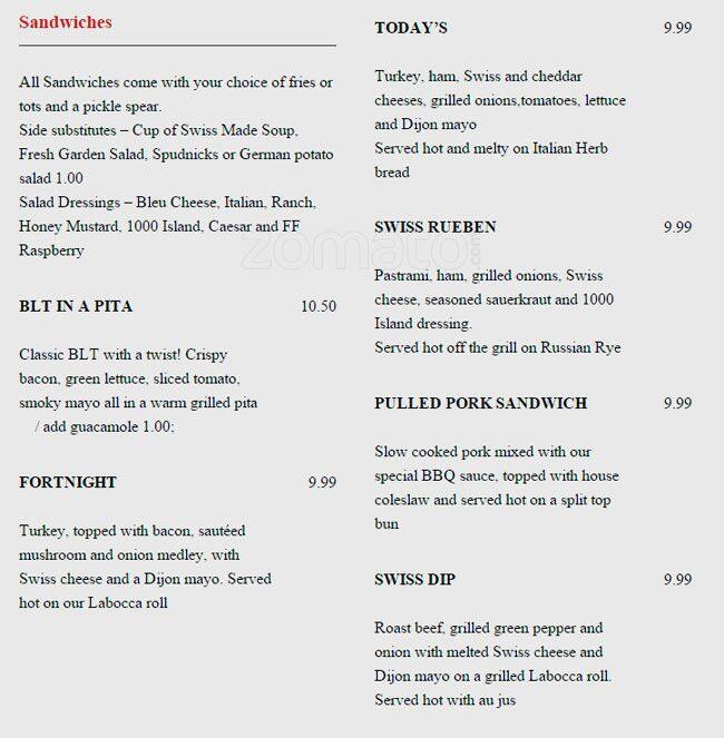 Menu at The Swiss Restaurant & Pub, Tacoma