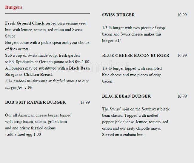 Menu at The Swiss Restaurant & Pub, Tacoma