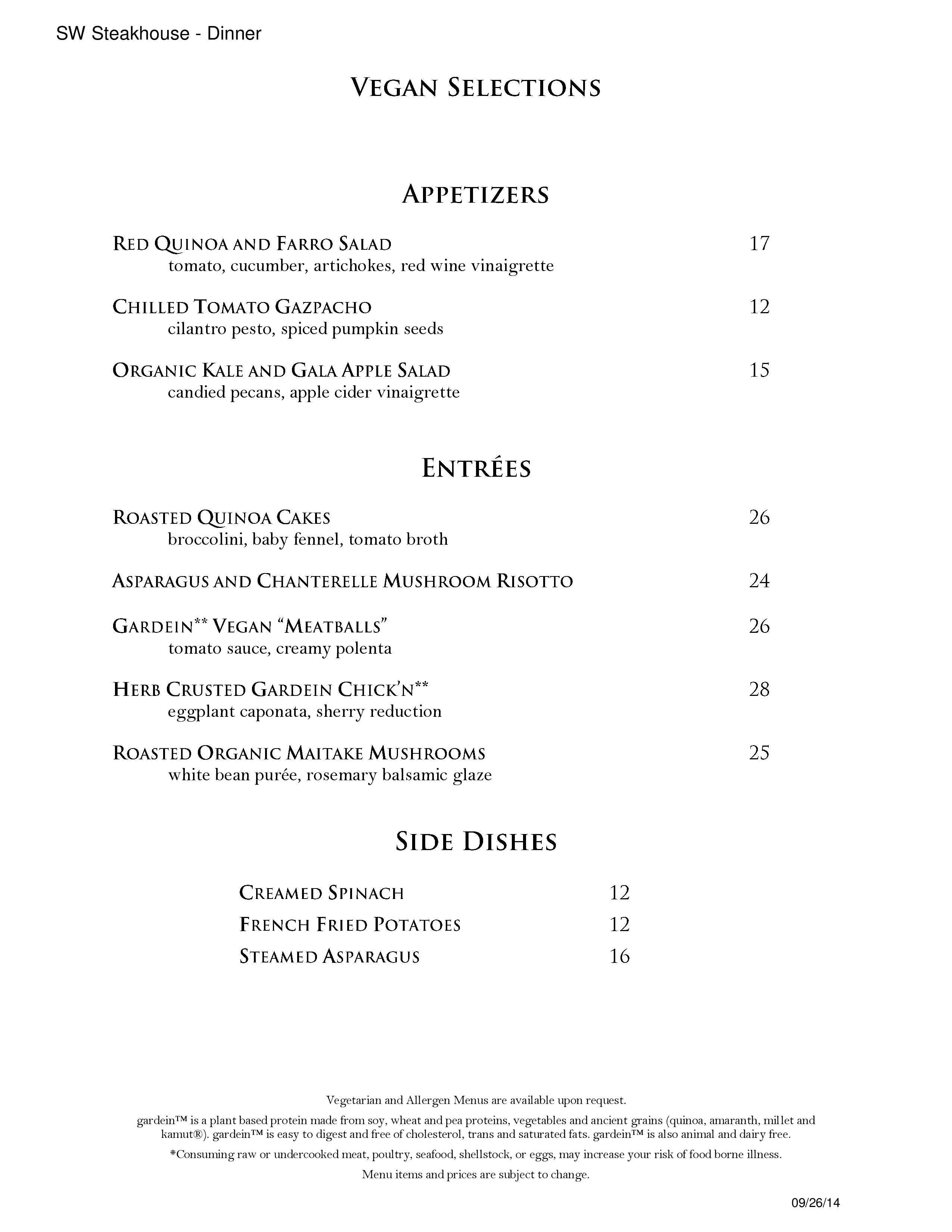 Menu at SW Steakhouse, Las Vegas