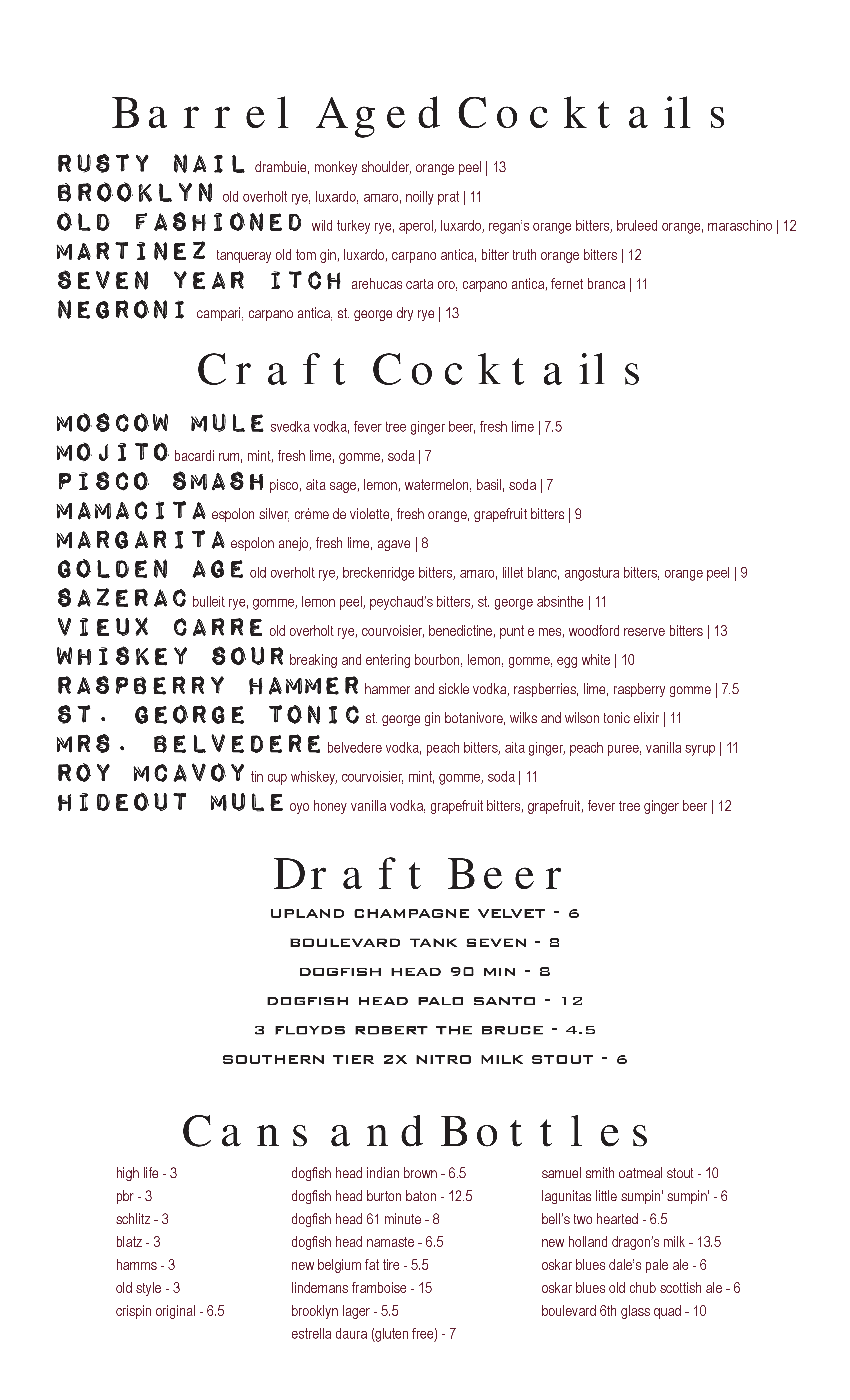 Menu at Hideout 125 steakhouse, Fort Wayne