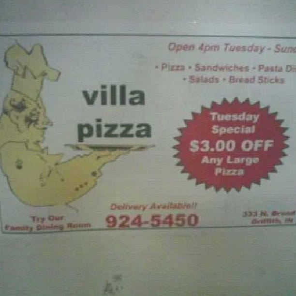 Menu at Villa Pizza pizzeria, Griffith