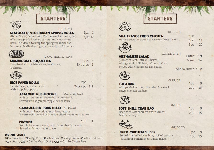 Menu at Straight Outta Saigon restaurant, Melbourne