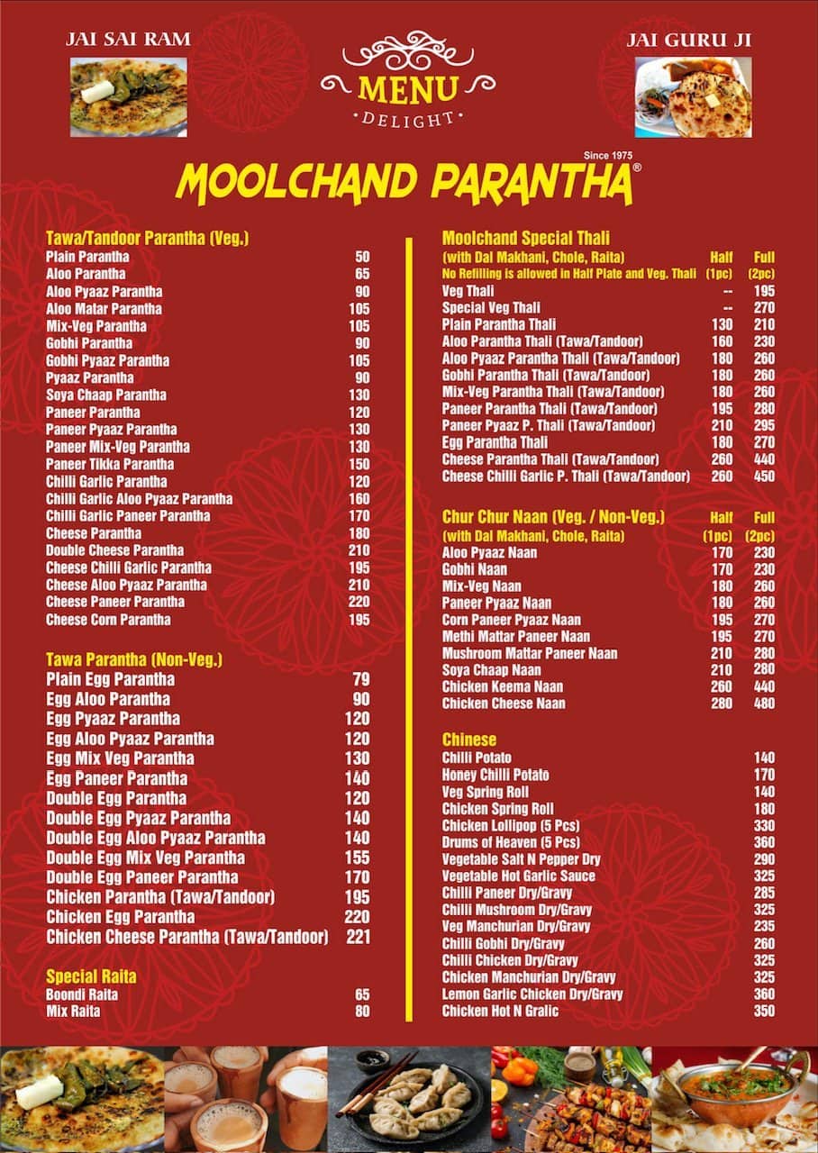 Menu of Moolchand Parantha, South Patel Nagar, New Delhi