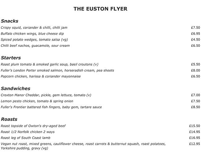 Menu at The Euston Flyer, Euston Road pub & bar, London