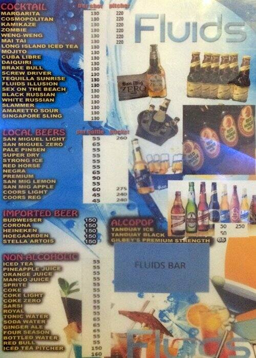 Menu at Fluids pub & bar, Pasig, H3P7+QR3