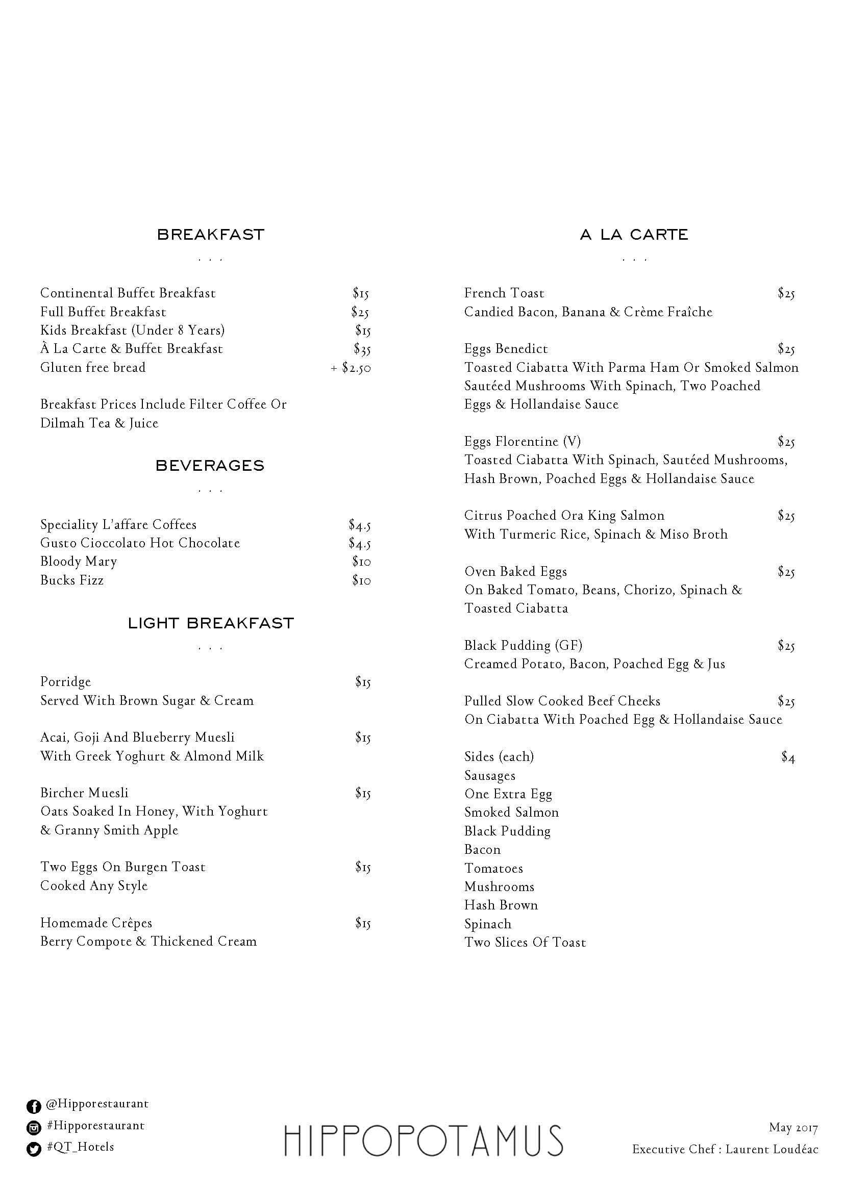 Menu at Hippopotamus restaurant, Wellington