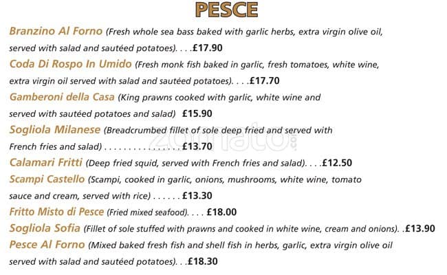 Menu at Il Castello restaurant, Edinburgh