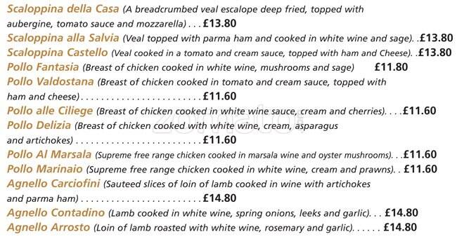 Menu at Il Castello restaurant, Edinburgh