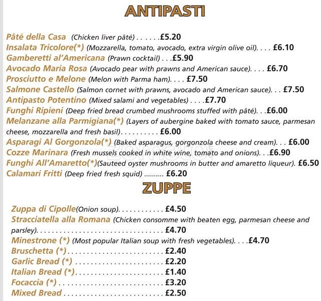 Menu at Il Castello restaurant, Edinburgh