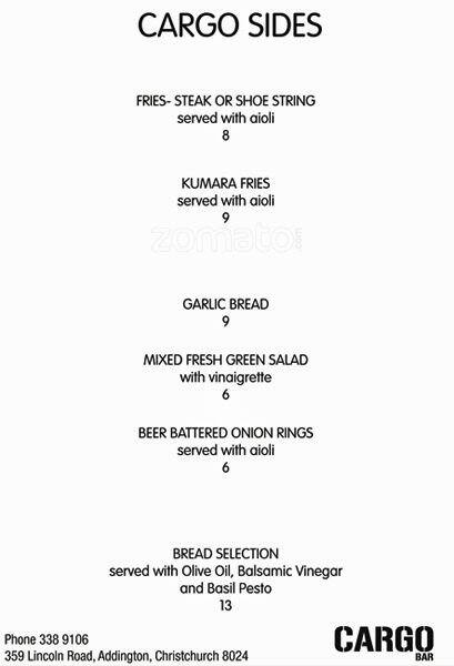 Cargo Bar Menu, Menu for Cargo Bar, Addington, Christchurch - Menumania ...