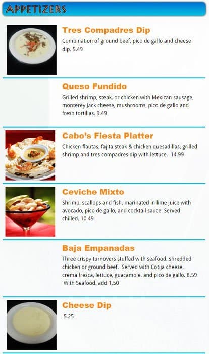 Carta del restaurante Cabo's Mexican Cuisine & Cantina, Charlotte