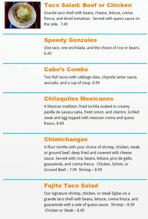 Carta del restaurante Cabo's Mexican Cuisine & Cantina, Charlotte