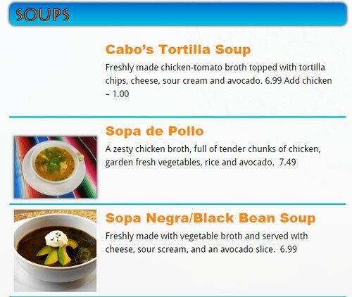 Carta del restaurante Cabo's Mexican Cuisine & Cantina, Charlotte