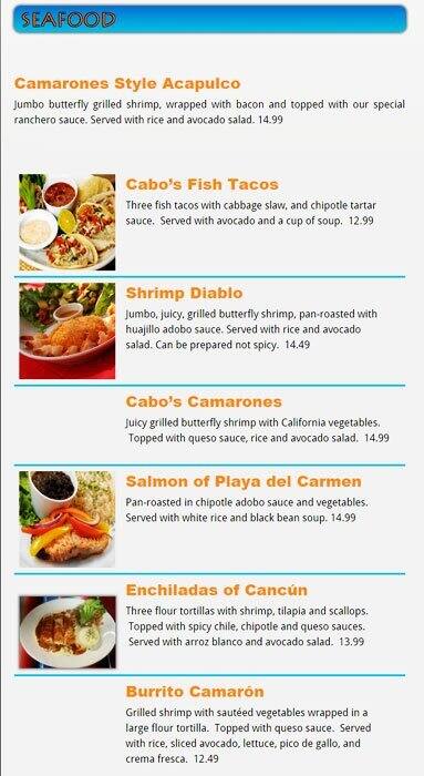 Carta del restaurante Cabo's Mexican Cuisine & Cantina, Charlotte