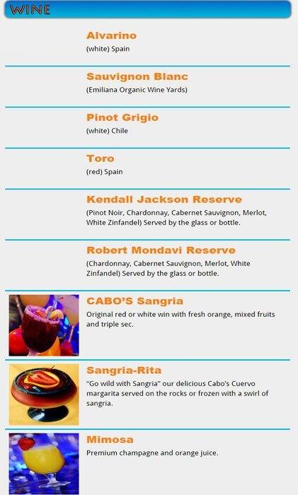Carta del restaurante Cabo's Mexican Cuisine & Cantina, Charlotte