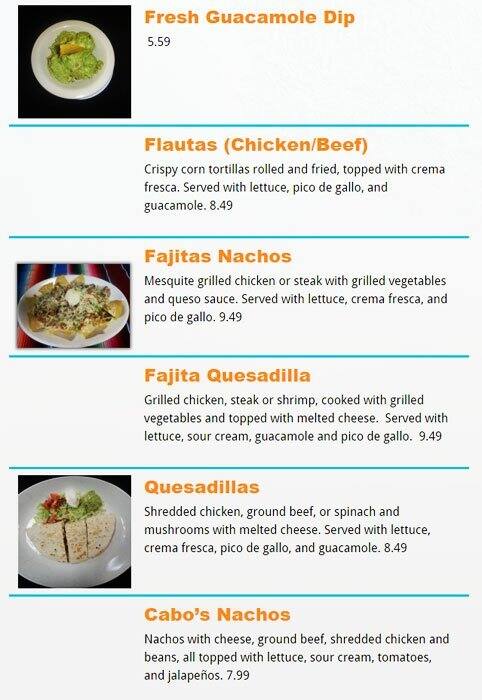 Carta del restaurante Cabo's Mexican Cuisine & Cantina, Charlotte