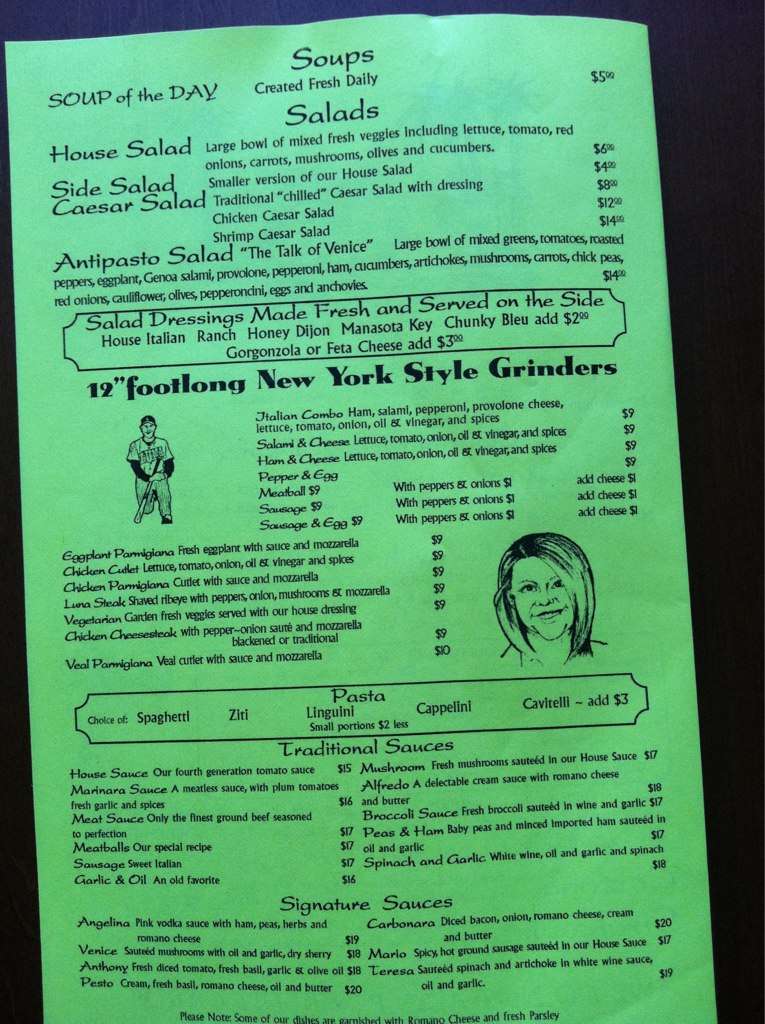 Menu at Luna Ristorante pizzeria, Venice