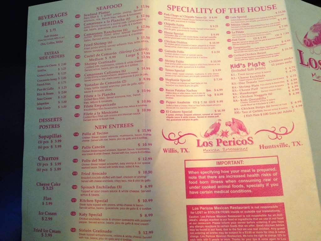 Menu at Los Pericos restaurant, Huntsville