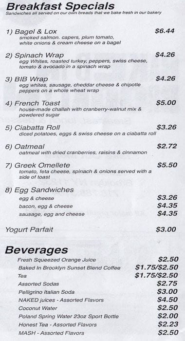 Menu at Baked In Brooklyn cafe, New York City, 755 5th Ave
