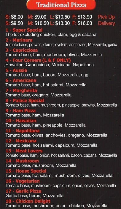 Menu at Palace Dial A Pizza fast food, Craigieburn